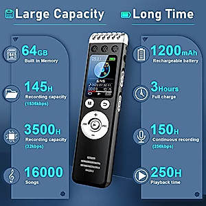 64GB Digital Voice Recorder with 3500Hours Recording 150H Battery Time, Voice Activated Recorder with Playback Sound Tape Recorder for Meeting Lecture, Noise Reduction,3072KBPS,OTG Phone Connection