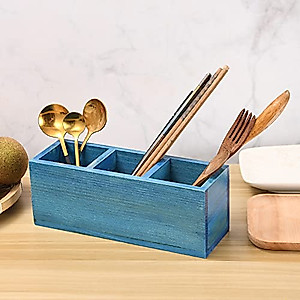 dedoot Wood Remote Holder Desk Organizers, Blue Wooden Pencil Holder Wooden Drawer Organizer 3 Section, Rustic Remote Control Holder for School, Home and Office Supplies, 9x3x3.4 Inches
