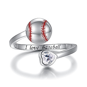 925 Sterling Silver Basketball Baseball Softball Football Tennis Racket Ring Adjustable Sports Jewelry Gifts for Women Player Mom (Baseball)