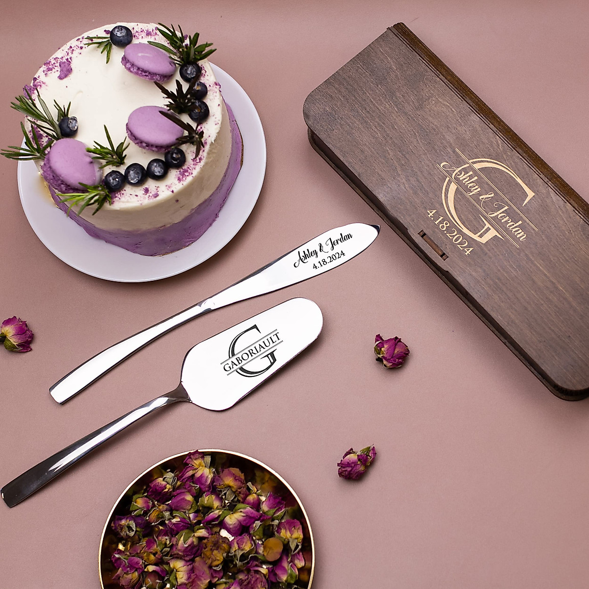 Personalized Cake Server Set Elegant Cake Knife and Server in Wooden Box (optional) Wedding Cake Knife Cutting Set Pie Cutter & Spatula for Birthday Anniversary Bridal Shower (Style 1)