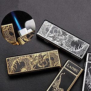 Windproof Butane Gas Filled Lighter, Jet Flame Dragon Lighter, Refillable Torch Lighter with Adjustable Flame for Camping, Outdoor Activities, Candles and More - Lightweight, Stylish and Portable-Gold