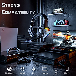 Tatybo Gaming Headset PS4 Xbox One Headset with Stereo Bass Surround Sound, Gaming Headphones with Noise Canceling Mic for PS4 PS5 Xbox One PC Laptop Mac - RGB LED Light