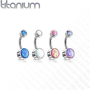 Titanium Iternally Threaded Top Doube Round Opal Bezel Set Belly Button Rings (14GA, L: 3/8" (10mm), Ball: 4 & 6mm, Opal Blue)
