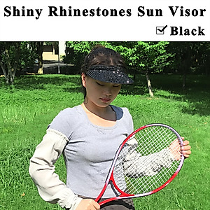Women Sun Visor Hat Bling Crystals Summer Cap Shiny Rhinestone Men Caps Adjustable Wide Brim Clip On Visors Fashion Party Outdoor Sport Hats Golf Beach Tennis (Black)