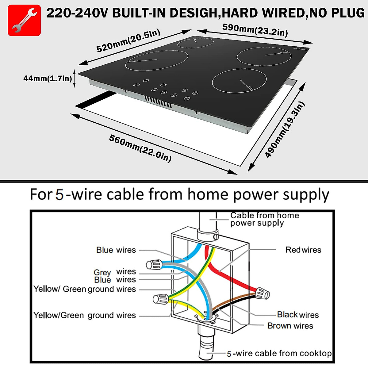 Karinear Drop-in 4 Burner Electric Cooktop 24 Inch Electric Radiant Cooktop, Electric Stove Top with Residual Heat Indicator, Child Safety Lock, Timer, 220-240V, 6000W, Hard Wire(No Plug)