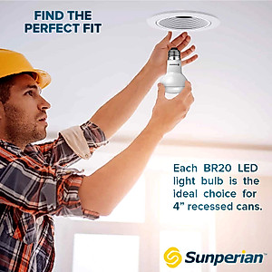 SUNPERIAN BR20 LED Bulb, 6W=50W, 3500K Natural White, 550 Lumens, Dimmable Flood Light Bulbs for Recessed Cans, Enclosed Fixture Rated, Damp Rated, UL Listed, E26 Standard Base (4 Pack)