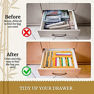 ZEMAKS Bamboo Ziplock bag organizer with foil and plastic wrap organizer for drawer with cutter, compatible with all ziplock bag sizes, any 12 inches roll and 13.5 inches wide drawer