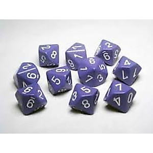 Chessex Dice Sets: Opaque Purple with White - Ten Sided Die d10 Set (10)