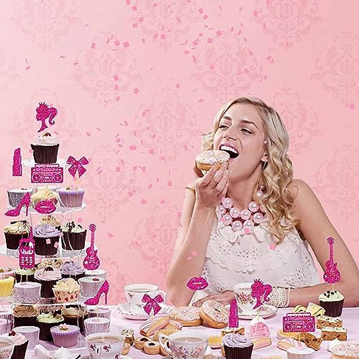 Ufocusmi 24 Pack Princess Party Cupcake Toppers, Glitter Pink Girls Theme Party Decorations, Princess Birthday Cake Topper Bachelorette Party Supplies