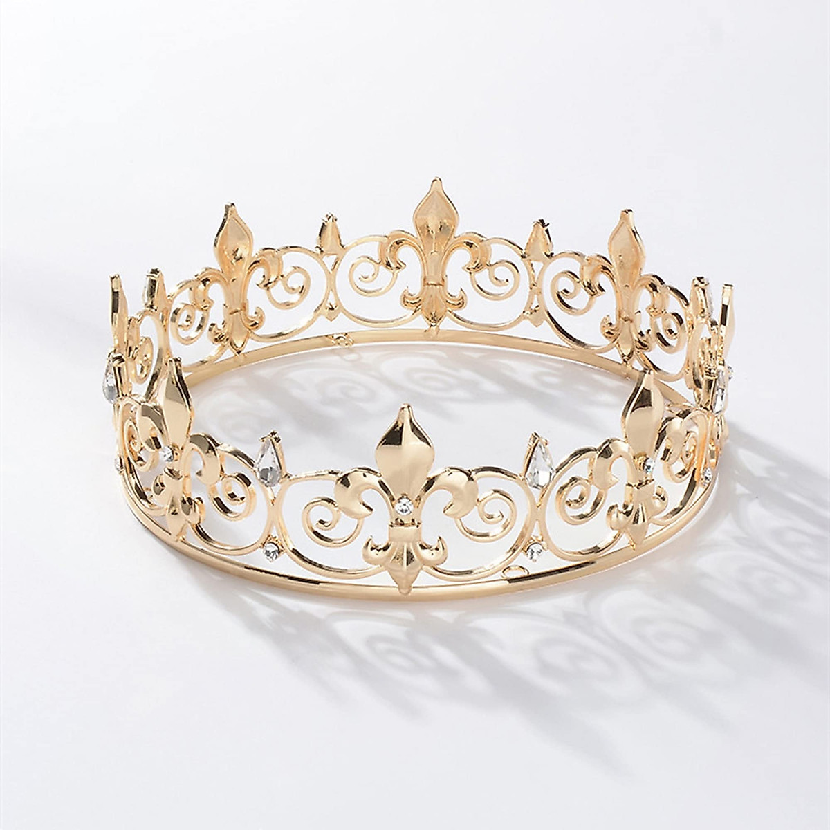 King Crown for Men Male Boy Prince 7" Gold Crystal Prom Birthday Wedding Party Tiara Headband, Large Full Round Costume Accessory Royal Cake Topper, Summer