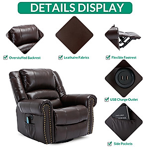 VIVIJASON Massage Swivel Rocker Recliner Chair with Heat & Vibration, 360° Swivel Manual Glider Rocking Reclining Chair with 2 Remote Controls, Side Pockets & USB Ports for Living Room, Brown