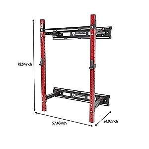 Signature Fitness 3” x 3” Wall Mounted Fold-in Power Cage Squat Rack with Adjustable Pull Up Bar and J Hooks - Space-Saving Home Gym, Red