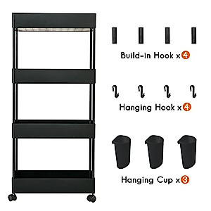 JAKAGO 4-Tier Utility Rolling Storage Cart Slim Mobile Shelves on Wheels Multi-Function Trolley with Mesh Basket Storage Organizer Rack for Kitchen Pantry Bathroom Laundry (Black)