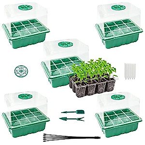 KENNEDICH Seed Starter Tray, 5 Pack Seeding Starter Growing Kit with Light, Grow Trays for Seeds Starting, Indoor Gardening Plant Germination Trays with Adjustable Humidity and 4" Heigher Cover