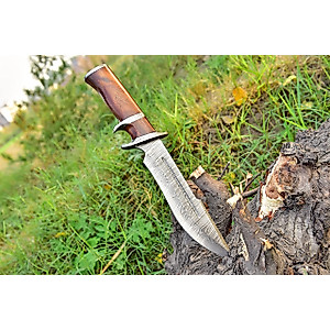 Damascus Hunting Knife, Handmade Full Tang Knife - Wood Handle Knife, Hand Forged Fixed Blade Knife & Bowi Knife - Camping Knives & Hiking Knives, Rose Wood Handle - Leather Knife Sheath