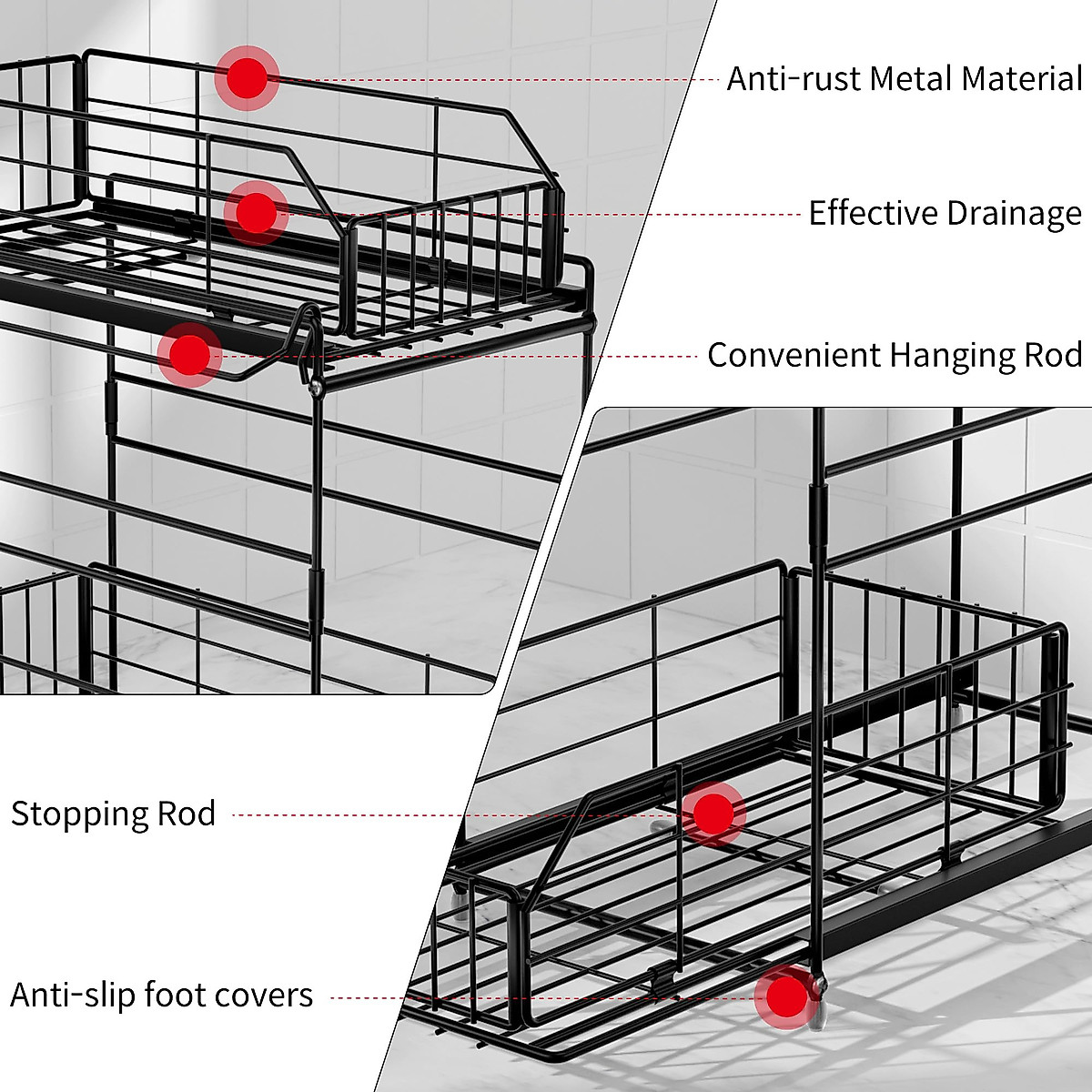 SUEH DESIGN Under Sink Organizers and Storage, 2 Tier Pull Out Cabinet Organizer Sliding Under Sink Storage Shelf with Hanging Rail for Kitchen Bathroom Cabinet Storage, 1 Pack