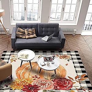 2'x3' Fall Thanksgiving Area Rug,Outdoor Indoor Washable Carpet Area+Rug for Living Room,Boys/Girls Bedroom,Bathroom,Classroom,Kitchen,Hallway,Throw Floor Mat Autumn Pumpkin Flower Leaves Plaid Check