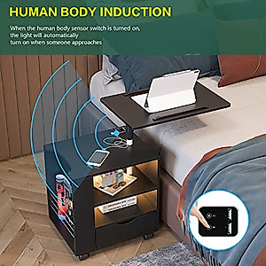 HNEBC Auto LED Nightstand with 2 USB Charging Station,Black Nightstand Has Adjustable Rotary Table, Bedside Tables with One Drawer and 2 Mezzanines/Infrared Induction 3 Color Lighting(On The Left)