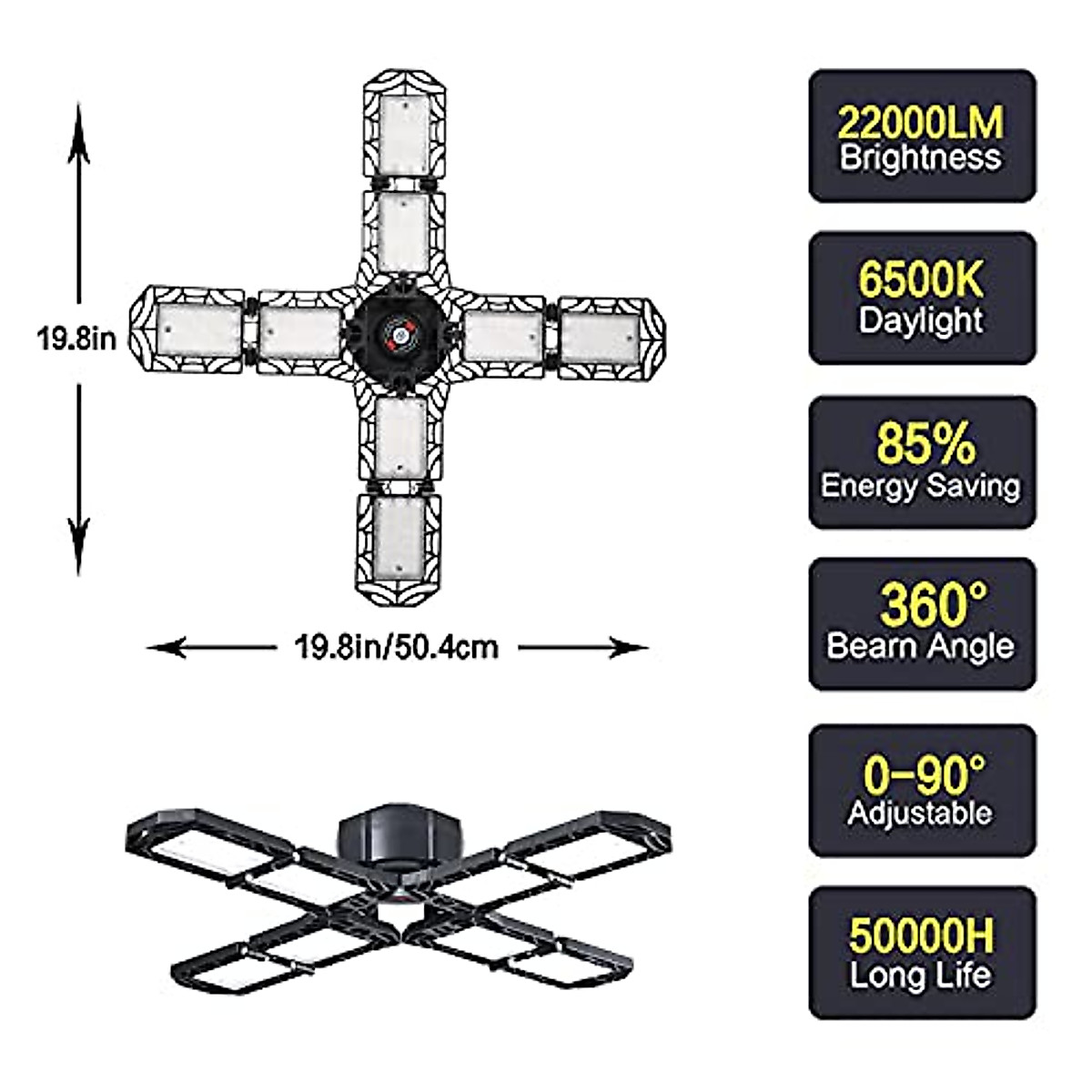 BUYMALLY 8 Panels LED Garage Light, 220W 22000LM Ultra-Bright Deformable Garage Ceiling Light, 6500K CRI 80+ Adjustable Panels Shop Lighting, E26/E27 Base, Workshop Basement Warehous Daylight Light