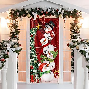 Christmas Door Cover Snowman Decorations for Front Door Fabric Hanging Backdrop Door Banner Outdoor Indoor (Snowman Tree)