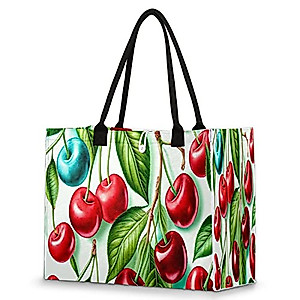 cfpolar Cherry Reusable Grocery Shopping Bag with Hard Bottom, QQQBQQ Large Foldable Multipurpose Heavy Duty Tote with Zipper Pockets, Sustainable, Durable and Eco Friendly, Beach Bag