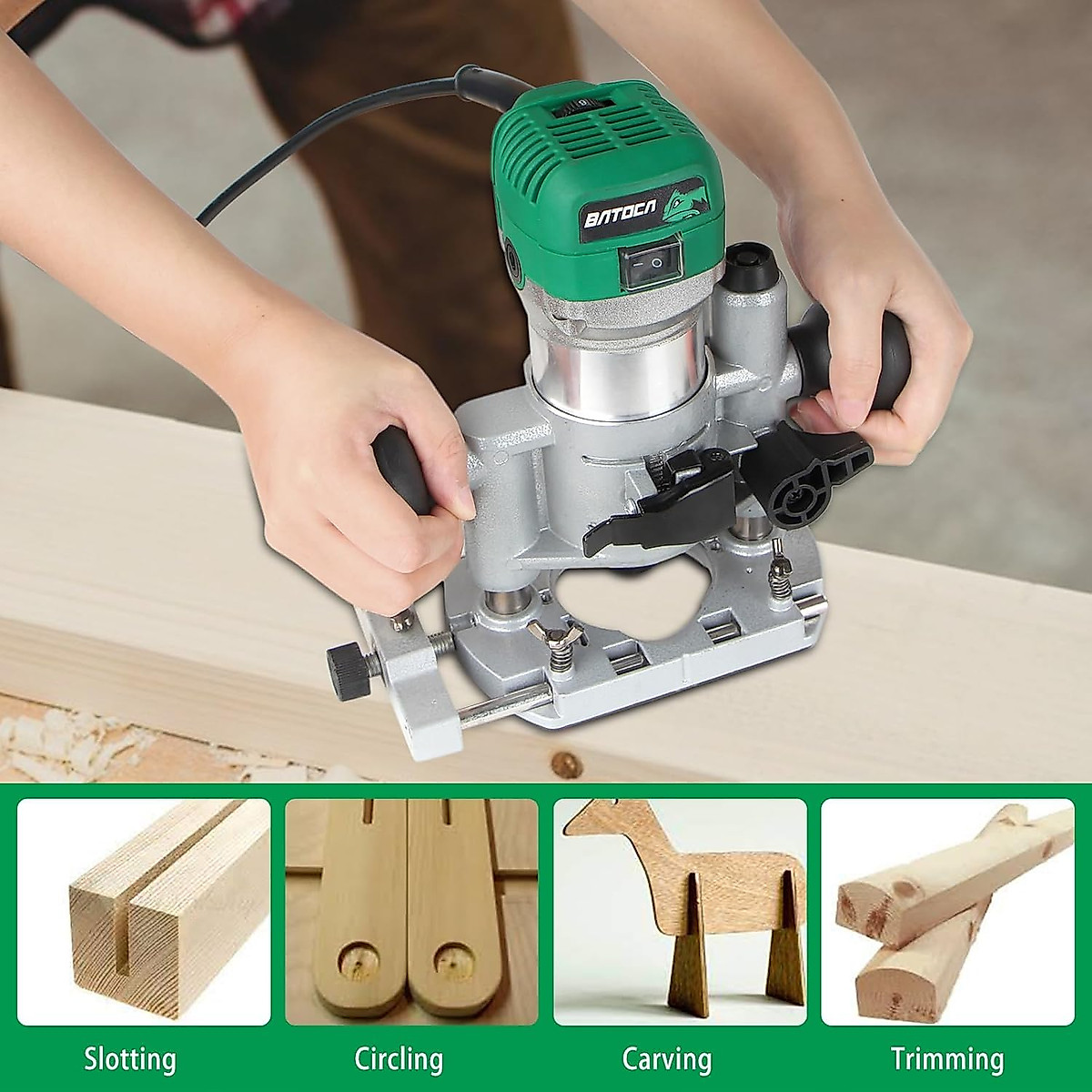 BATOCA Wood Router Kit, 1-1/4 HP Max Torque Router Tool with Fixed Base, Compact Wood Palm Router Tool 6 Variable Speed Wood Trimmer Router Combo Tool for Woodworking, Carving, Trimming, Slotting