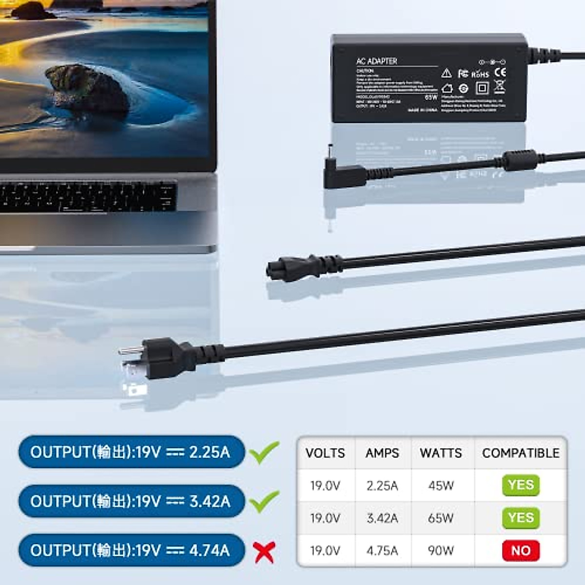 65W N15Q9 N15Q8 19V 2.37A Laptop Charger for Acer Chromebook CB3-532 C720 C740 C731 11 R11 R13 14 15 CB3 CB5 CB3-431 CB5-132T CB3-131 A13-045N2A PA-1450-26 Aspire 5 A515-54 A515-46-R14K Power Cord