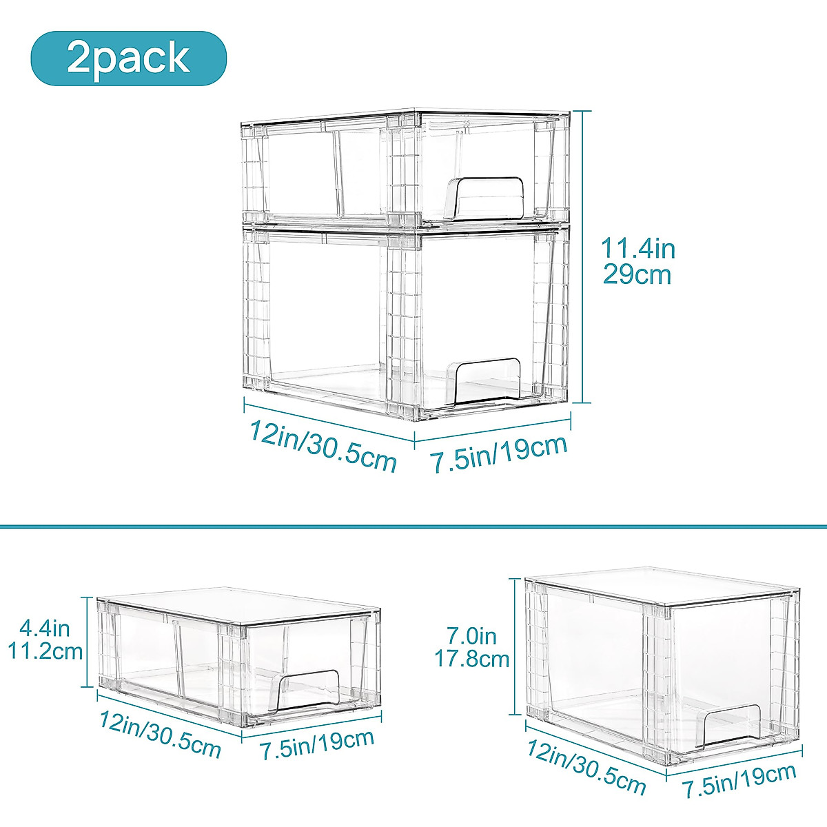 Vtopmart 4 Pack Clear Stackable Storage Drawers,Easy to Assemble Bathroom Organizers and Storage with handles,Plastic storage drawers for Kitchen Pantry,Cabinet,Under Sink Organization