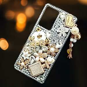 Guppy for Galaxy Note 20 Ultra Case Women Luxury 3D Bling Shiny Rhinestone Diamond Crystal Pearl Handmade Pendant Iron Tower Pumpkin Car Flowers Soft Protective Anti-fall Case for Galaxy Note 20 Ultra