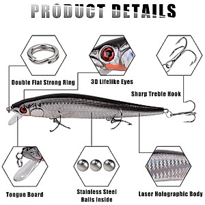 Saltwater Fishing Lures Kit - 6pcs 5in Minnow Plugs Crankbait Popper Jerkbait Hard Baits Surf Fishing Lure Black Silver with Strong Treble Hooks Artificial Baits for Bass Salmon Striper Trout