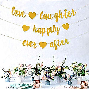 3Pcs Gold Glitter Love Laughter and Happily Ever After Banner - Engagement Party Decorations - Wedding Shower Decorations, Bridal Shower Decor, Wedding Banner & Bachelorette Party Signs (Pre-Strung)