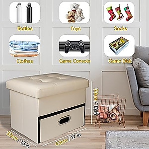 VewePata Folding Storage Ottoman with Drawers, 17 inch, Beige, Leather