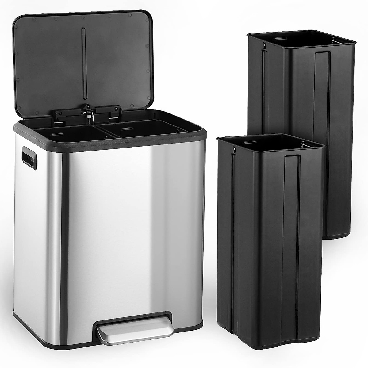 GlowSol Dual Trash Can for Recycling and Trash, 30 Liter 8 Gallon Stainless Steel Kitchen Trash Can with Lid and Foot Pedal, Double Compartment Garbage Can, Trash Can with Recycling Bin
