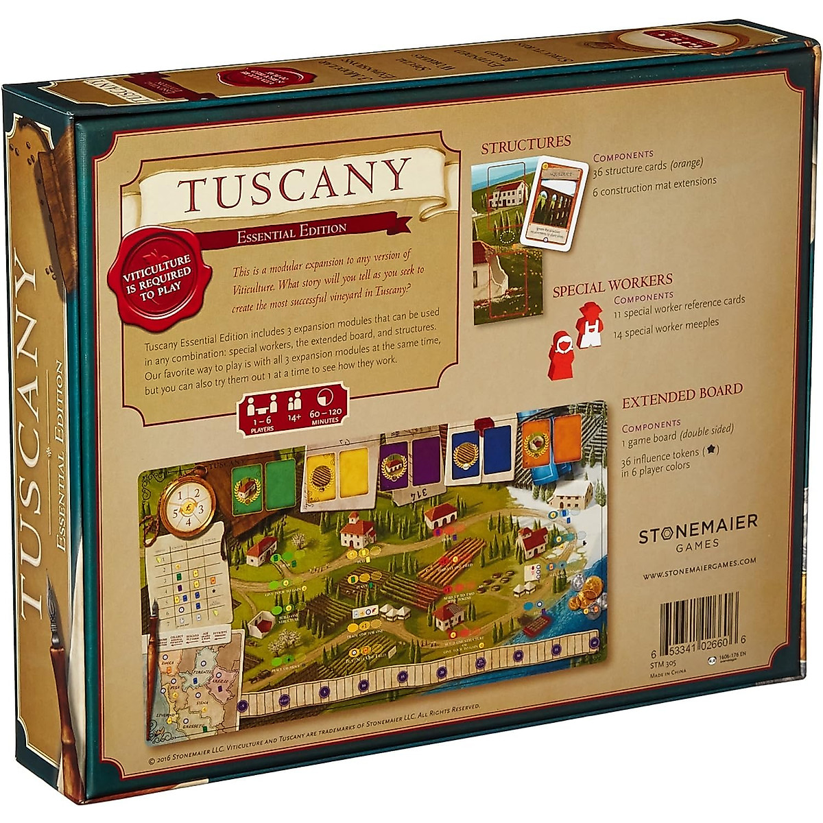 Stonemaier Games Viticulture: Tuscany Expansion Essential Edition, 1-6 Players, Ages 14+, 150 Mins, New Board, Cards, Workers