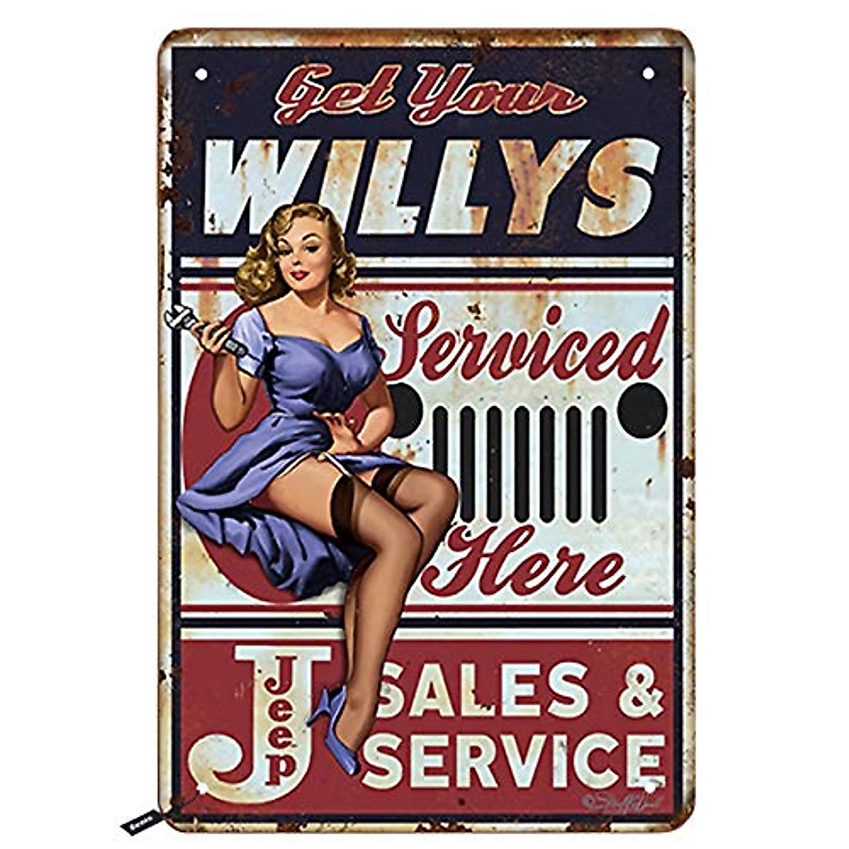 Swono Get Your Willys Tin Signs,Pin Up Girl Serviced Here Vintage Metal Tin Sign For Men Women,Wall Decor for Bars,Restaurants,Cafes Pubs,12x8 Inch