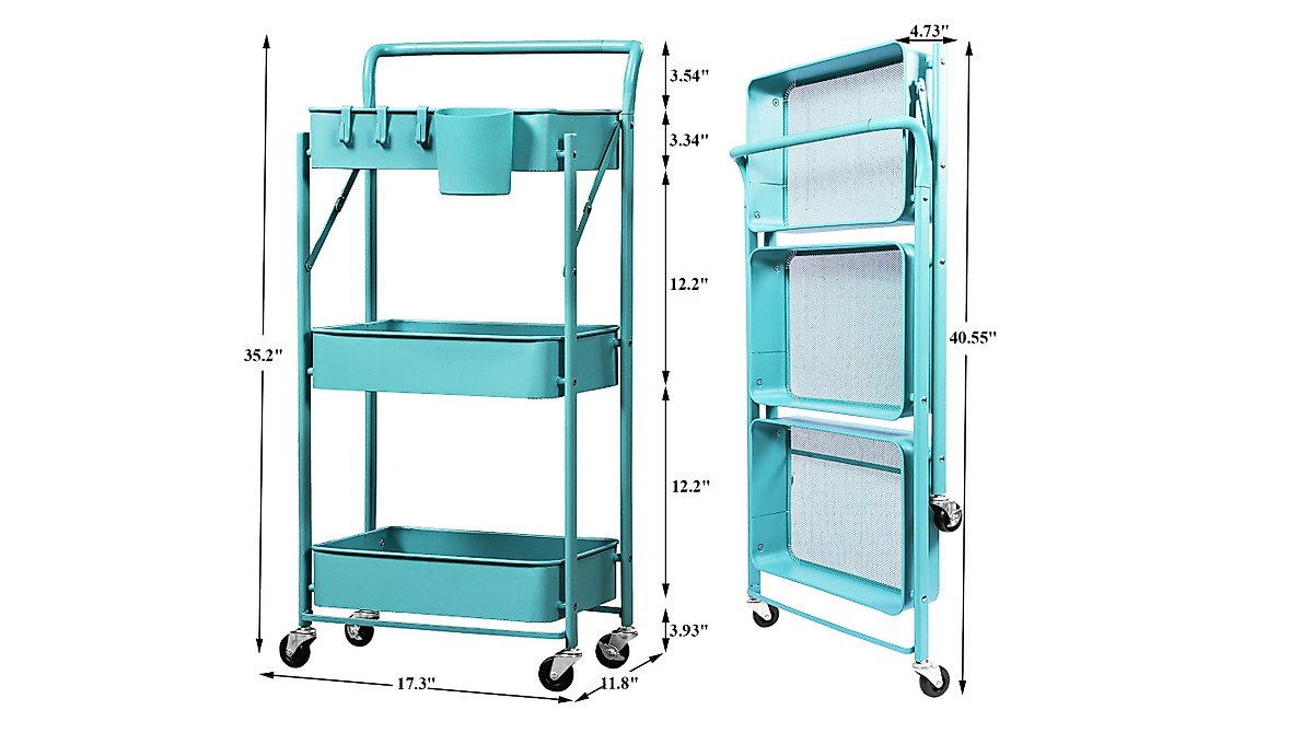 3 Tier Foldable Rolling Storage Cart - No Assembly