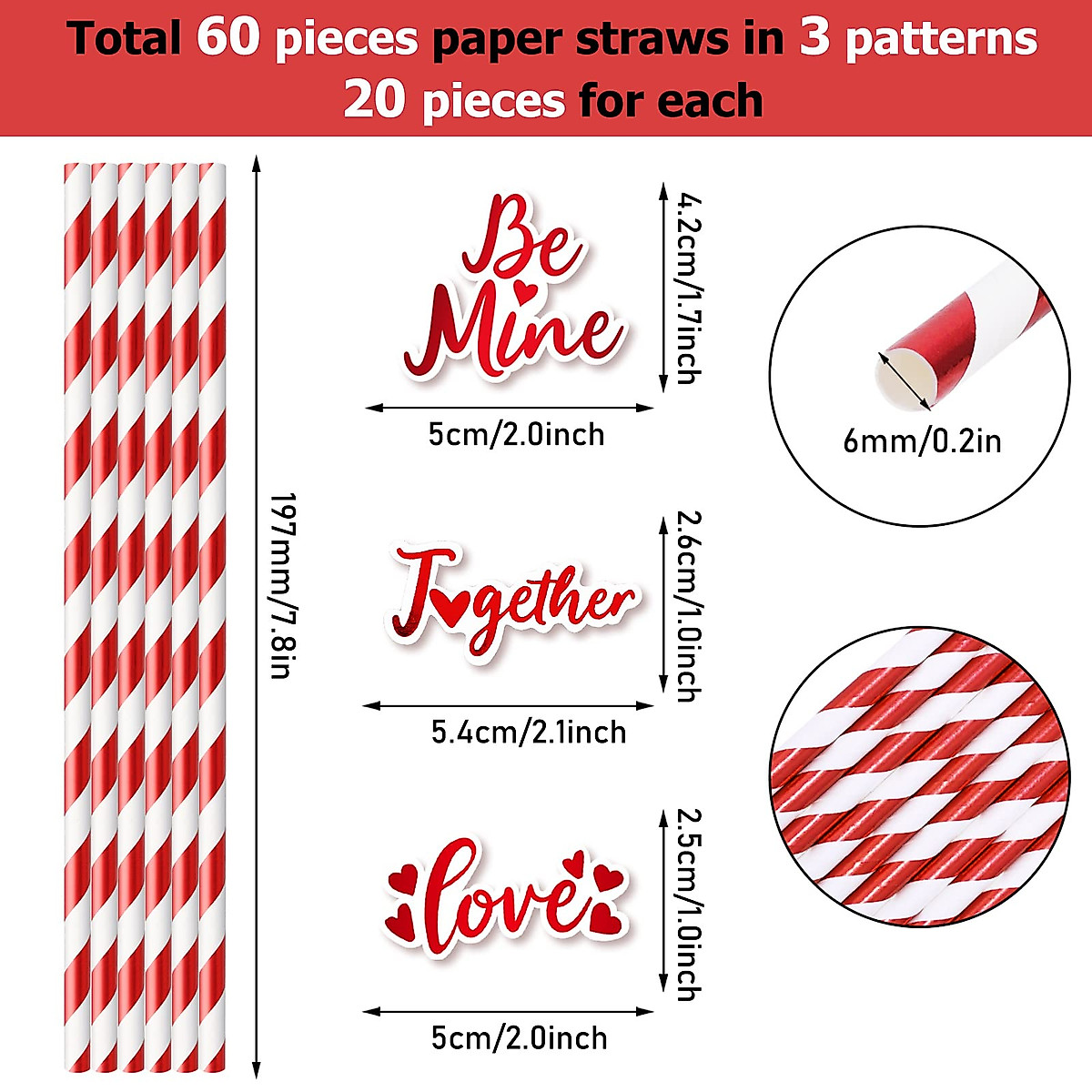 Whaline Valentine's Day Paper Straws 60Pcs Metallic Red Drinking Straws with 60Pcs Foil Red Letter Slices White Stripe Disposable Straws for Beverages Cocktail Wedding Birthday Party Supplies