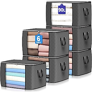 90L Large Storage Bags, 6 Pack Clothes Storage Bins Foldable Closet Organizer Storage Containers with Durable Handles Thick Fabric for Clothing, Blanket, Comforters, Bed Sheets, Pillows and Toys (Gray)