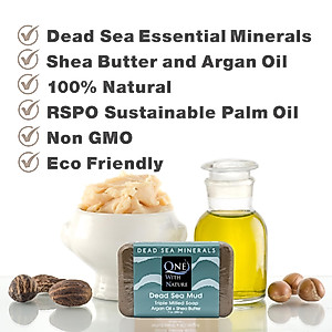 One With Nature Dead Sea Mineral Mud Soap Bar, 7 oz, Fragrance Free, Shea Butter, Argan Oil, Magnesium, Sulfur, 21 Minerals, Soothes Skin, Exfoliates