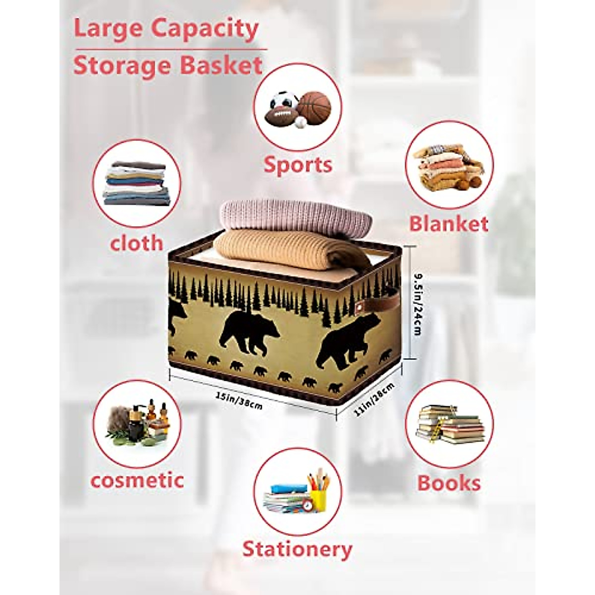 Storage Cubes Organizer with Handles, Black Forest Bear Animal Silhouettes on Retro Backdrop Storage Bins Fabric Collapsible Storage Baskets for Shelf Closet Nursery Cloth Organizers Box 1pcs