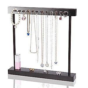 MUGFILWJ hanging Jewelry Organizer with 24 Hooks and Pedestal Tray High Wooden Jewelry Display Stand for Necklaces Earrings Bracelets Rings Bangles Watches Storage Holder for Women Girls Black