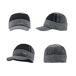 YOYEAH Men's Outdoor Newsboy Hat Winter Warm Thick Knit Beanie Cap Fleece Lined Skull Ski Cap with Visor Blue