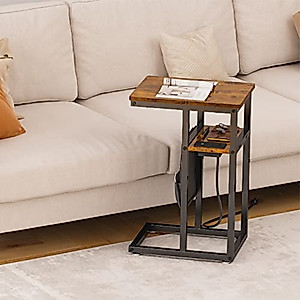SUPERJARE C Shaped End Table with Charging Station, Side Table with Storage Bag, Couch Table, C Table with USB Port and Outlet, for Living Room, Bed Room, Set of 2, Rustic Brown