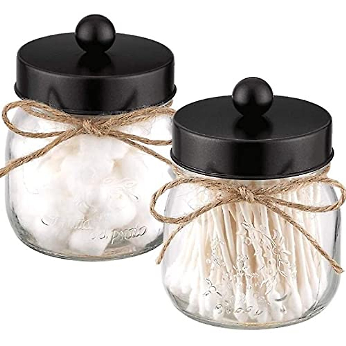 Mason Jar Bathroom Accessories Set, Glass Qtip Holder Dispenser for Cotton Swabs with Black Stainless Steel Lid, Rustic Mason Jar Cotton Ball/Swabs/Rounds Holder Farmhouse (Black, 2-Pack)