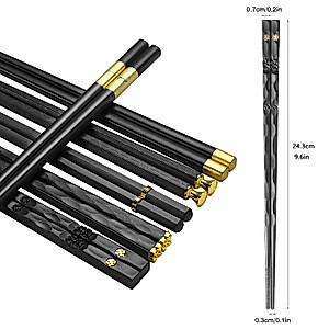 6 Pairs Chopsticks Reusable Fiberglass Chopsticks Dishwasher Safe, 9.6 inch/24.3cm Japanese Chinese Chop Sticks Gift Set (Black&Golden)