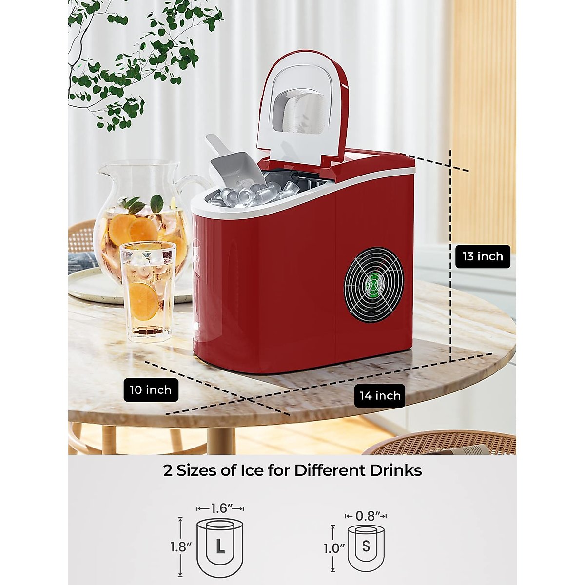 SIMOE Electric Ice Maker Machine for Countertop, 26-1/2 LBS/24 H Ice Making Machine with 9 Ice Cubes Ready in 6 Min, Portable Ice Cube Machine with Scope & Basket (Red)