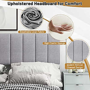 KOMFOTT Linen Upholstered Headboard for Full & Queen Size Bed, Vertical Channel Tufted Rectangular Headboard with Solid Wood Legs & Adjustable Width, Padded Bed Backboard, Easy Assembly (Gray)