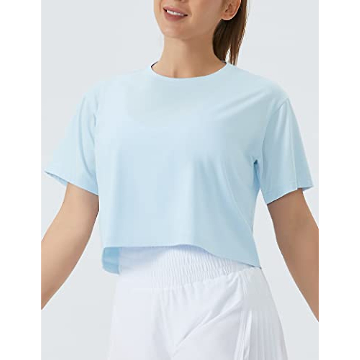 THE GYM PEOPLE Women's Workout Crop Top T-Shirt Short Sleeve Boxy Yoga Running Cropped Basic Tee Light Blue