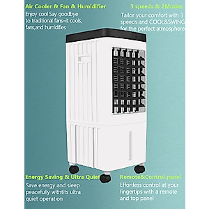 Evaporative Air Cooler,3-IN-1 Portable Air Conditioners Remote Control, 70° Oscillation Energy Efficient Air Cooler for Room Bedroom Home Indoor