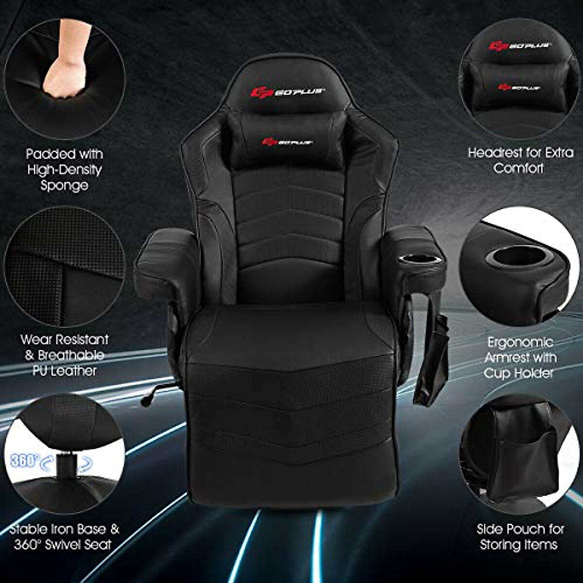 Goplus Massage Gaming Chair, Racing Style Gaming Recliner w/Adjustable Backrest and Footrest, Ergonomic High Back PU Leather Computer Office Chair Swivel Game Chair w/Cup Holder and Side Pouch